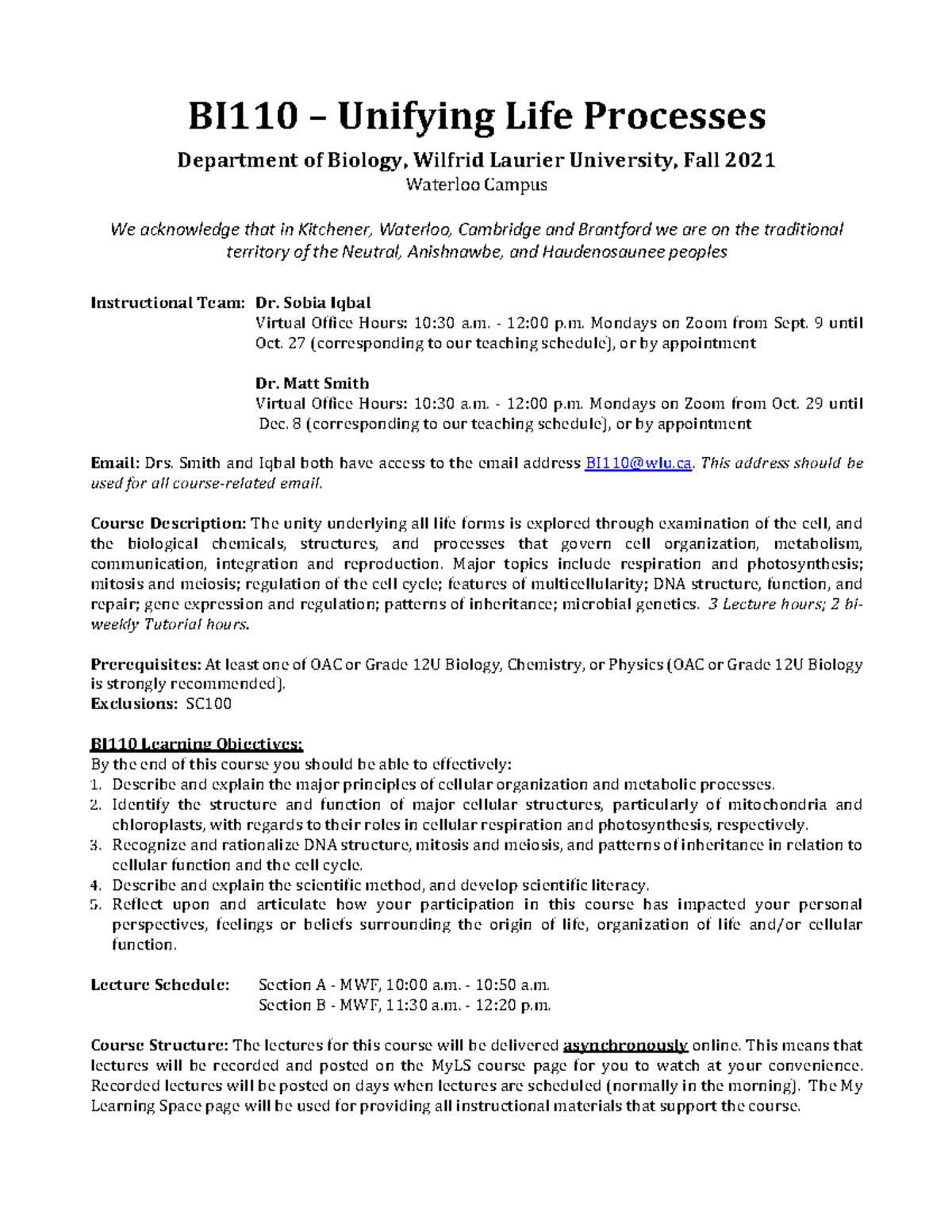 BI110 Syllabus-F2021 -Unifying Life Process Course Breakdown - BI110 ...