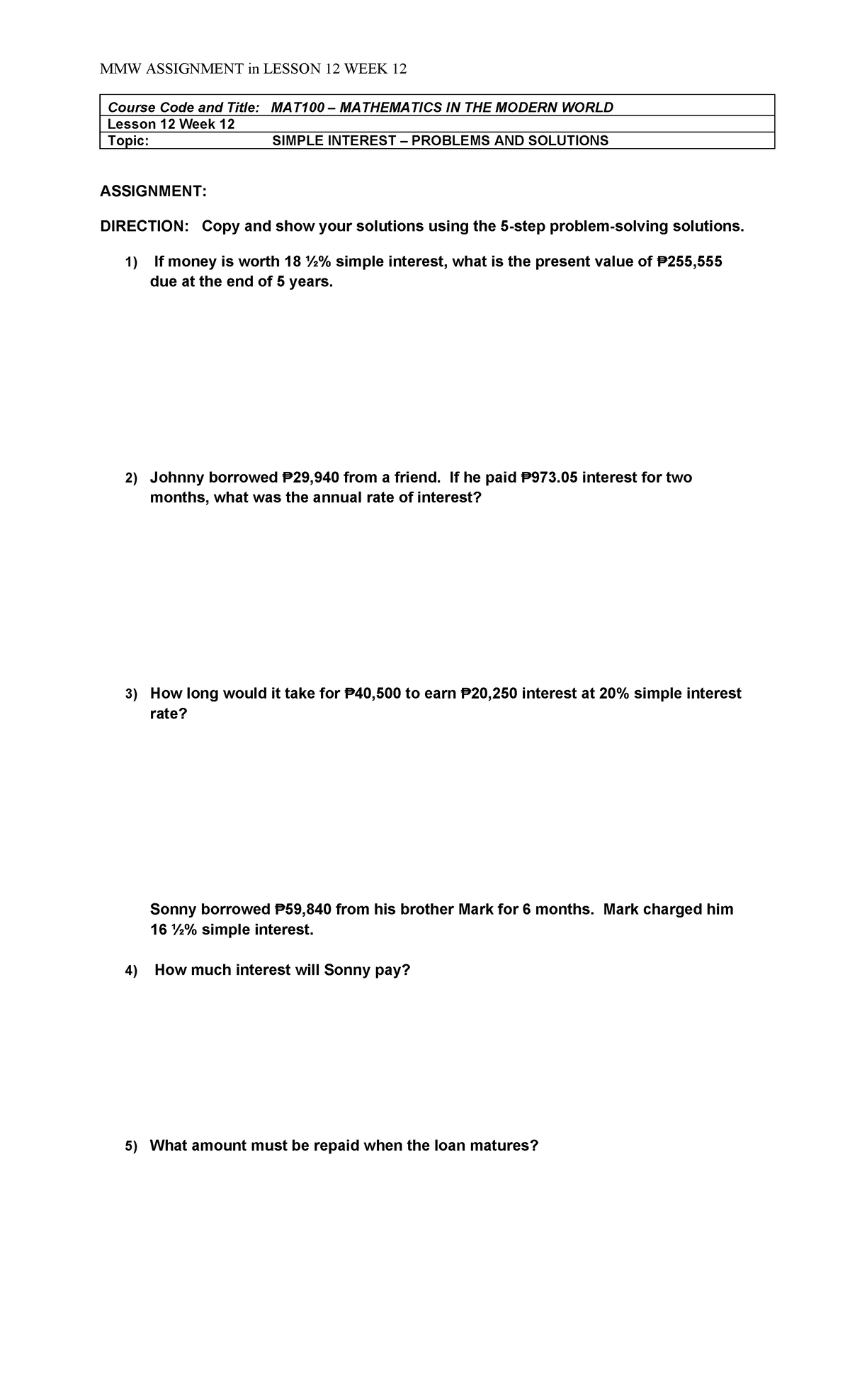 MMW- Assignment-in- Lesson-12-WEEK-12- Simple- Interest - MMW ASSIGNMENT in LESSON 12 WEEK 12 ...