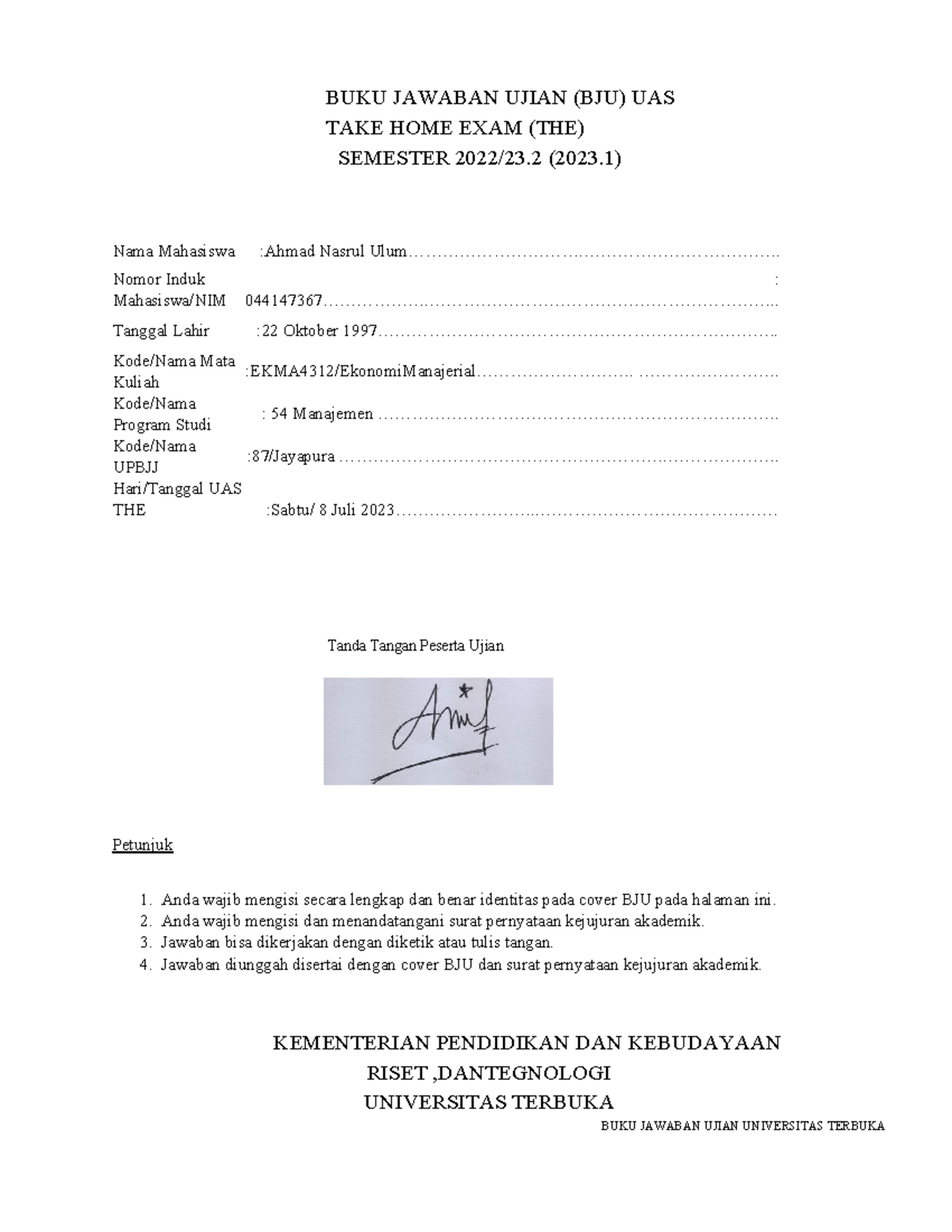 BJU EKMA4312 Ekonomi Manajerial - BUKU JAWABAN UJIAN (BJU) UAS TAKE HOME EXAM (THE) SEMESTER ...