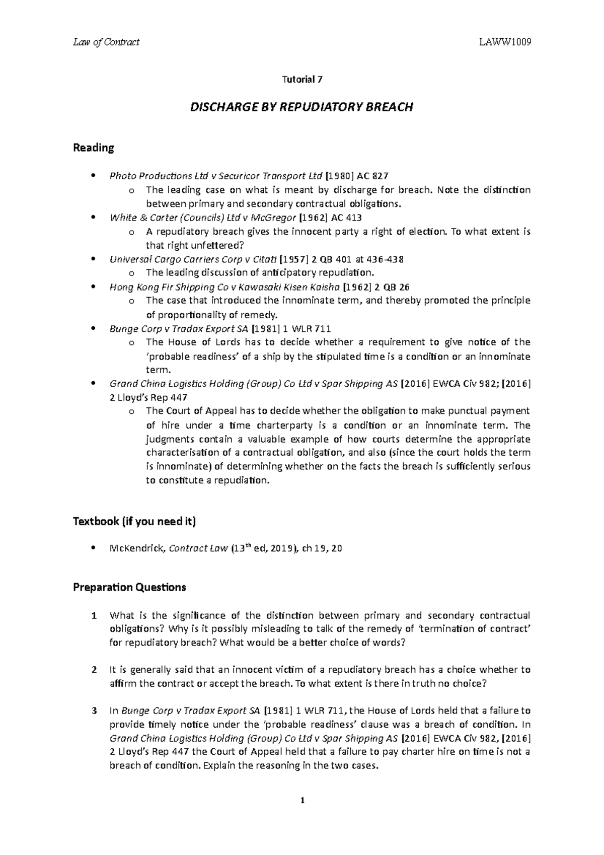 Tutorial sheets - Tutorial 7 DISCHARGE BY REPUDIATORY BREACH Reading ...