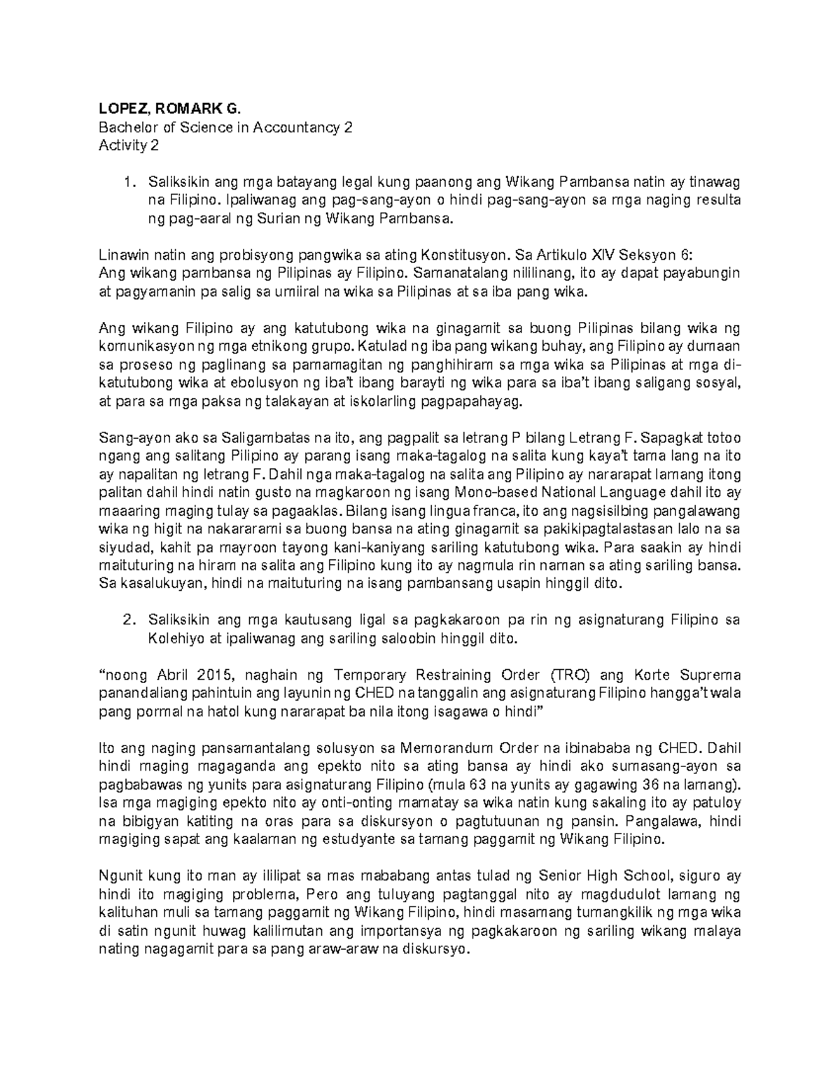 Activity 2 KKF - For perusal on the subject Operational And TQM for ...