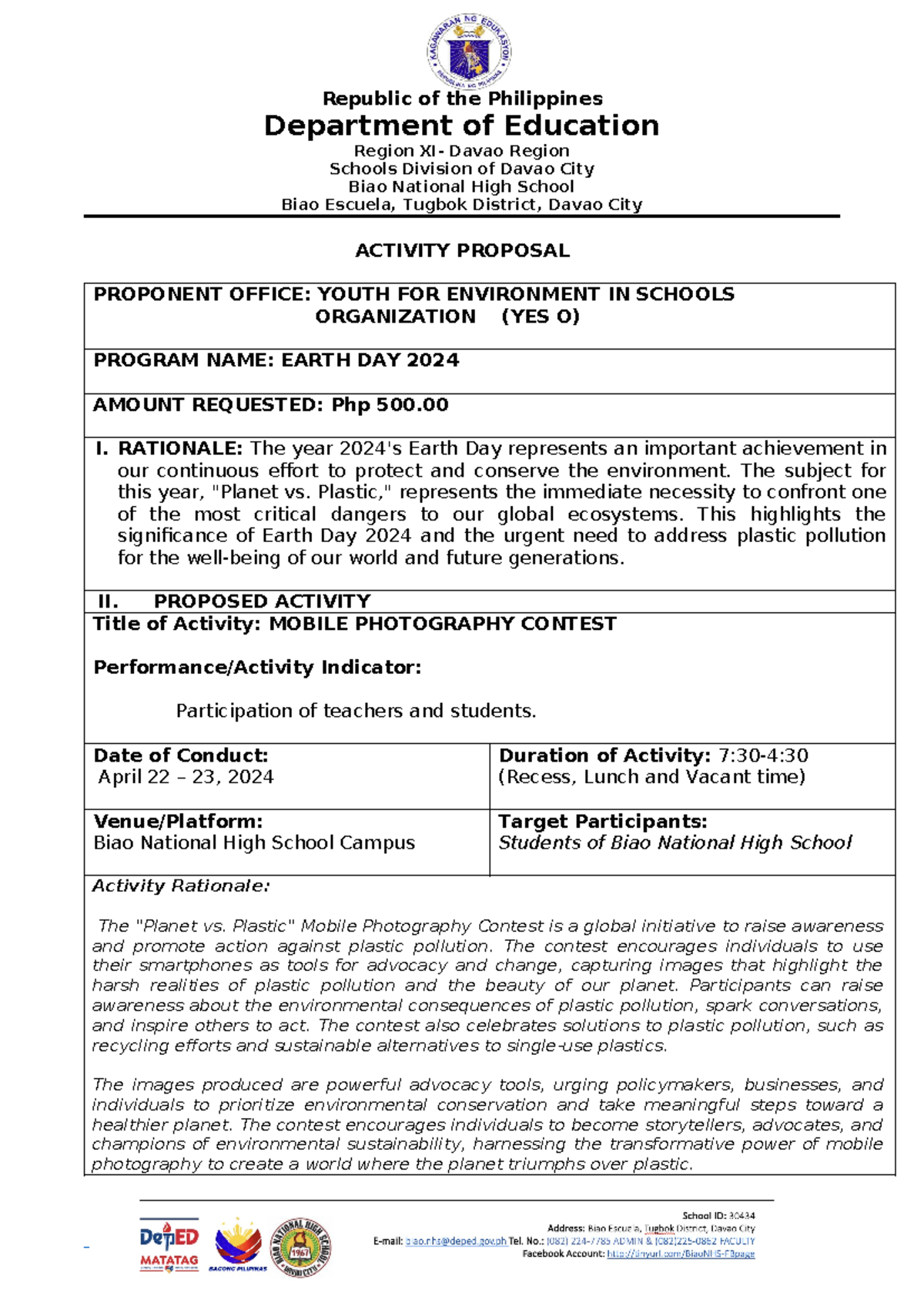 Earth DAY Proposal - Department of Education Region XI- Davao Region ...
