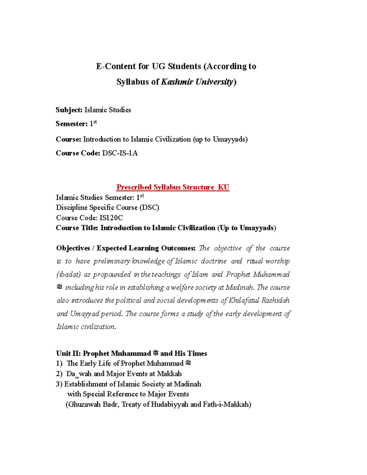 Islamic Studies 1st Sem UNIT 2 - E-Content for UG Students (According to Syllabus of Kashmir ...
