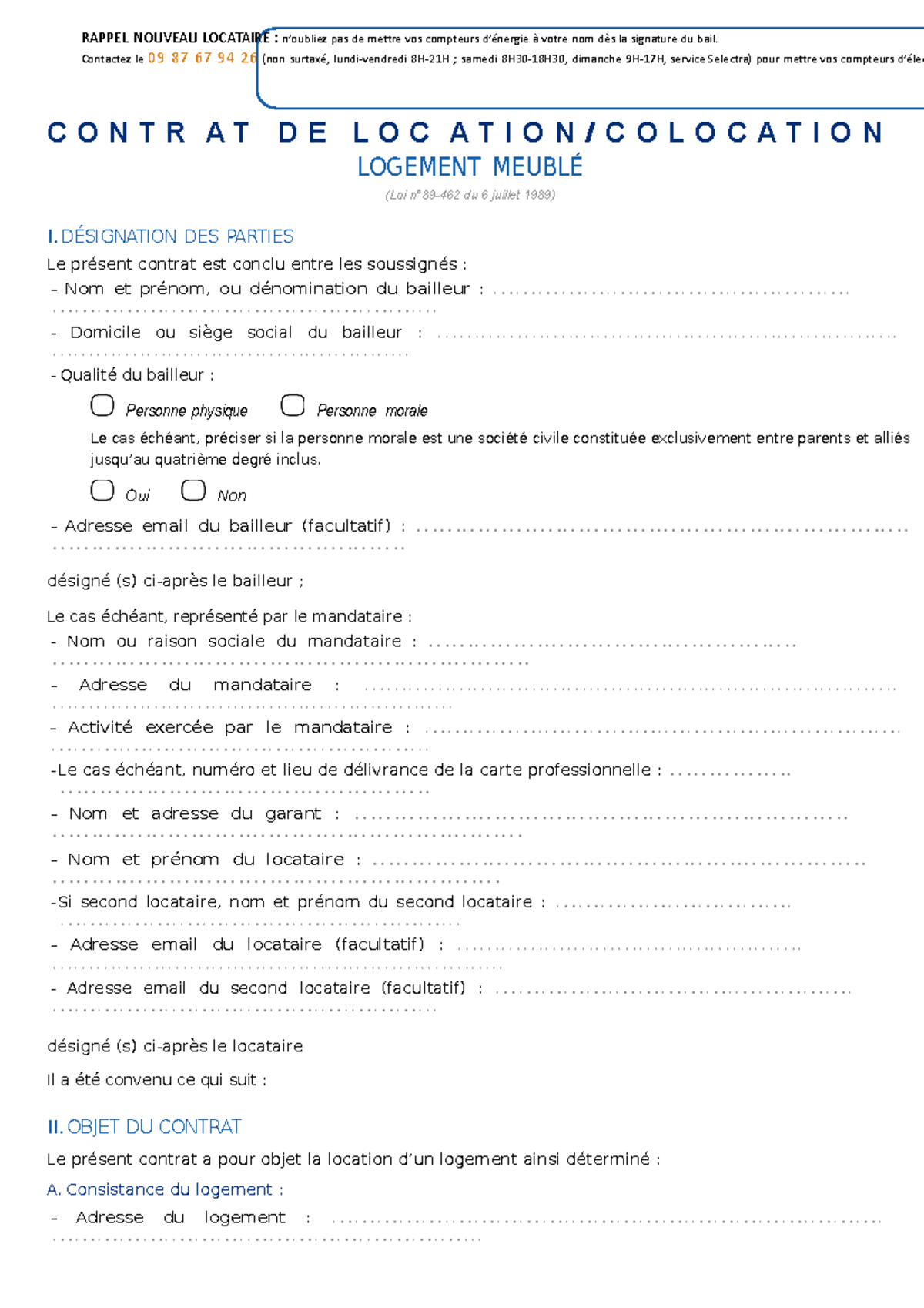 Contrat-bail-meuble - modèle de contrat - RAPPEL NOUVEAU LOCATAIRE : n ...