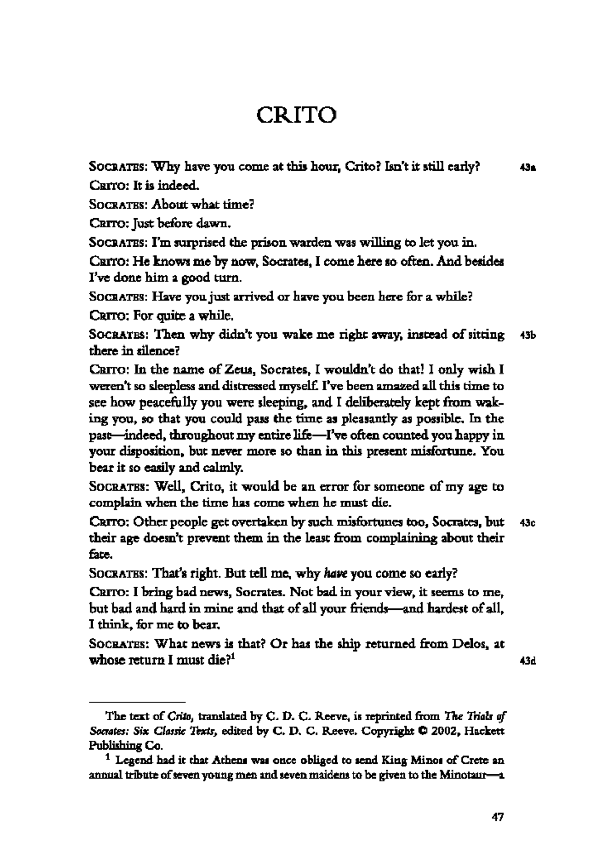 2. Plato, Crito, 47-59 in A Plato Reader ed. and trans. Reeve - CRITO ...