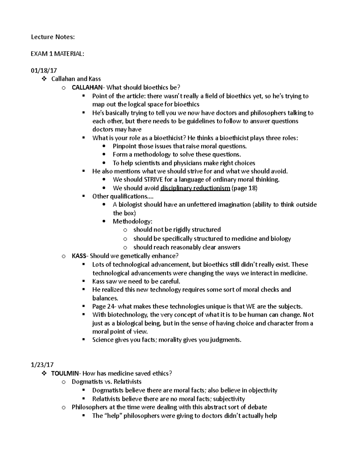 Bioethics Notes - all lectures, spring 2017 - Lecture Notes: EXAM 1 ...