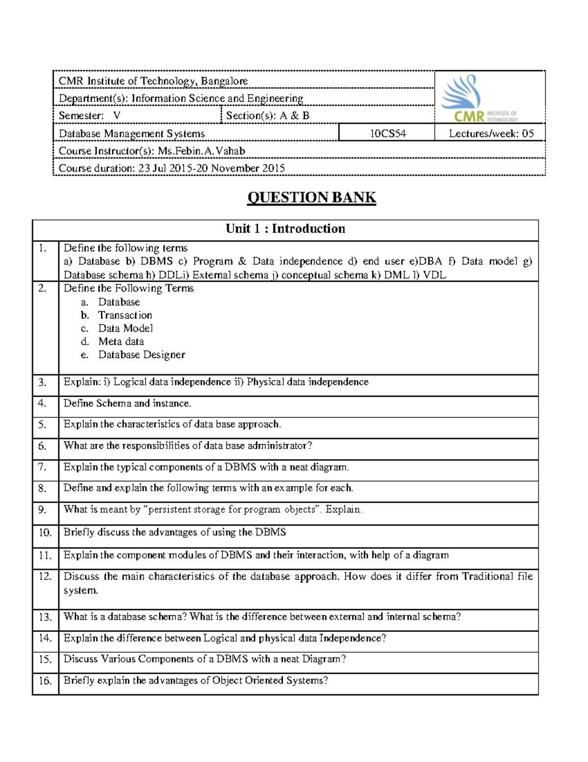 DBMS Question Bank - QUESTION BANK Unit 1 : Introduction Define the following terms a) Database ...