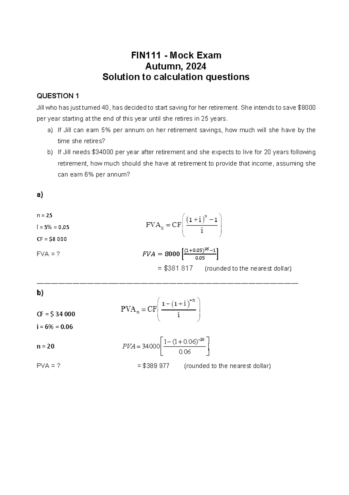 FIN111-Mock exam-Aut 2024 - Solutions - FIN111 - Mock Exam Autumn, 2024 ...