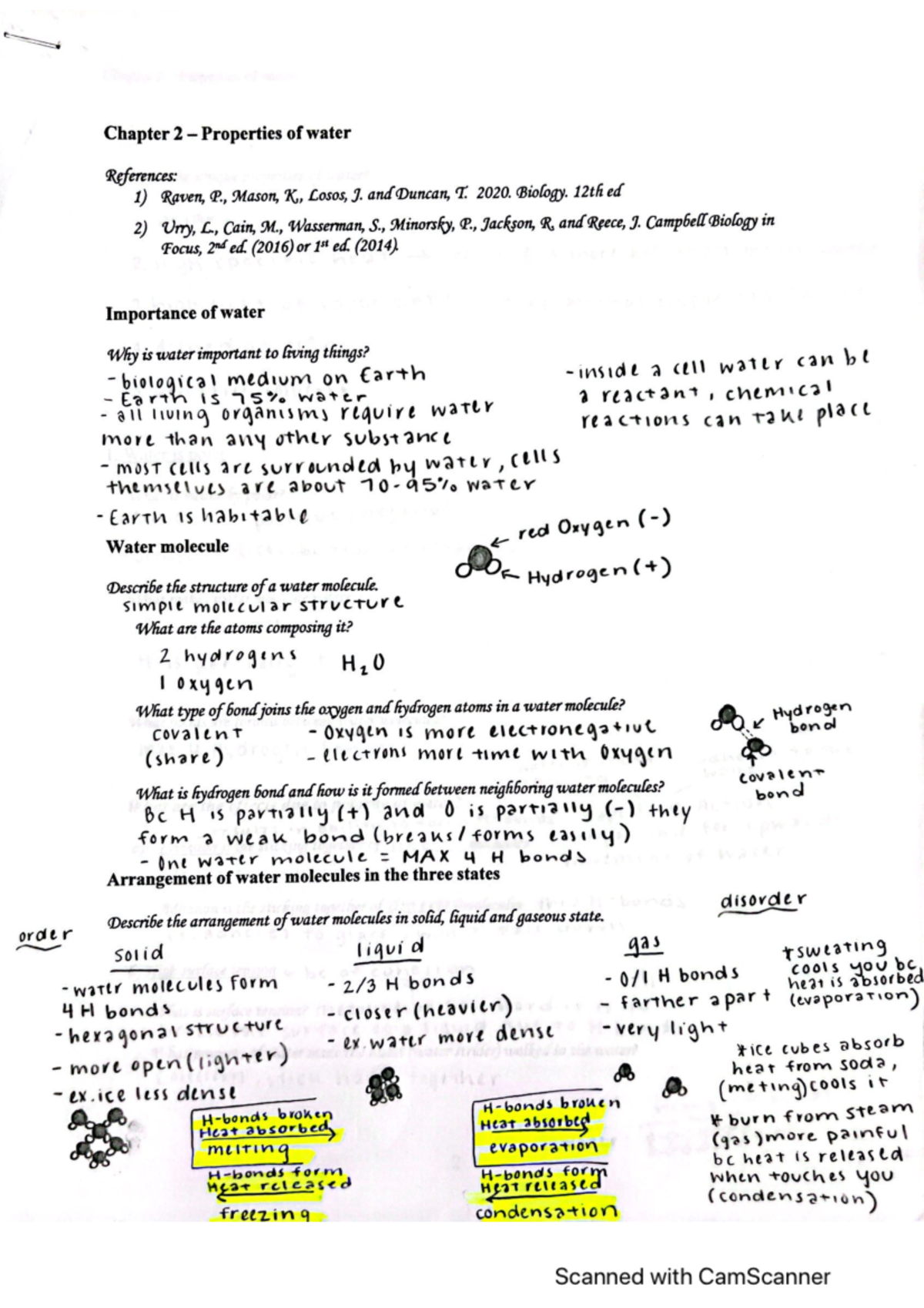 Chapter 2- Properties of Water - BIOL 1406 - Studocu