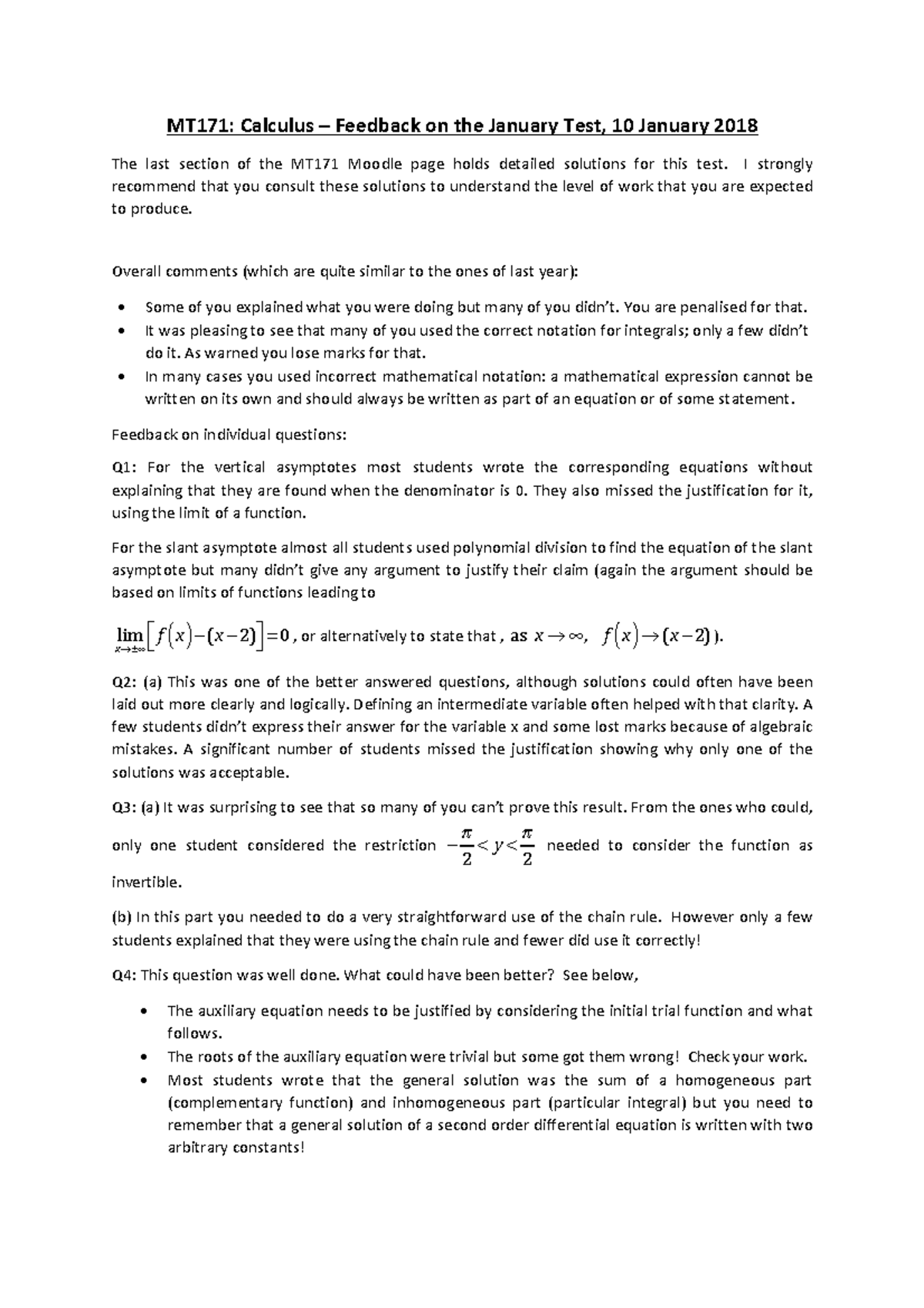 MT1710 2018 Jan Test Feedback - MT171: Calculus – Feedback on the ...