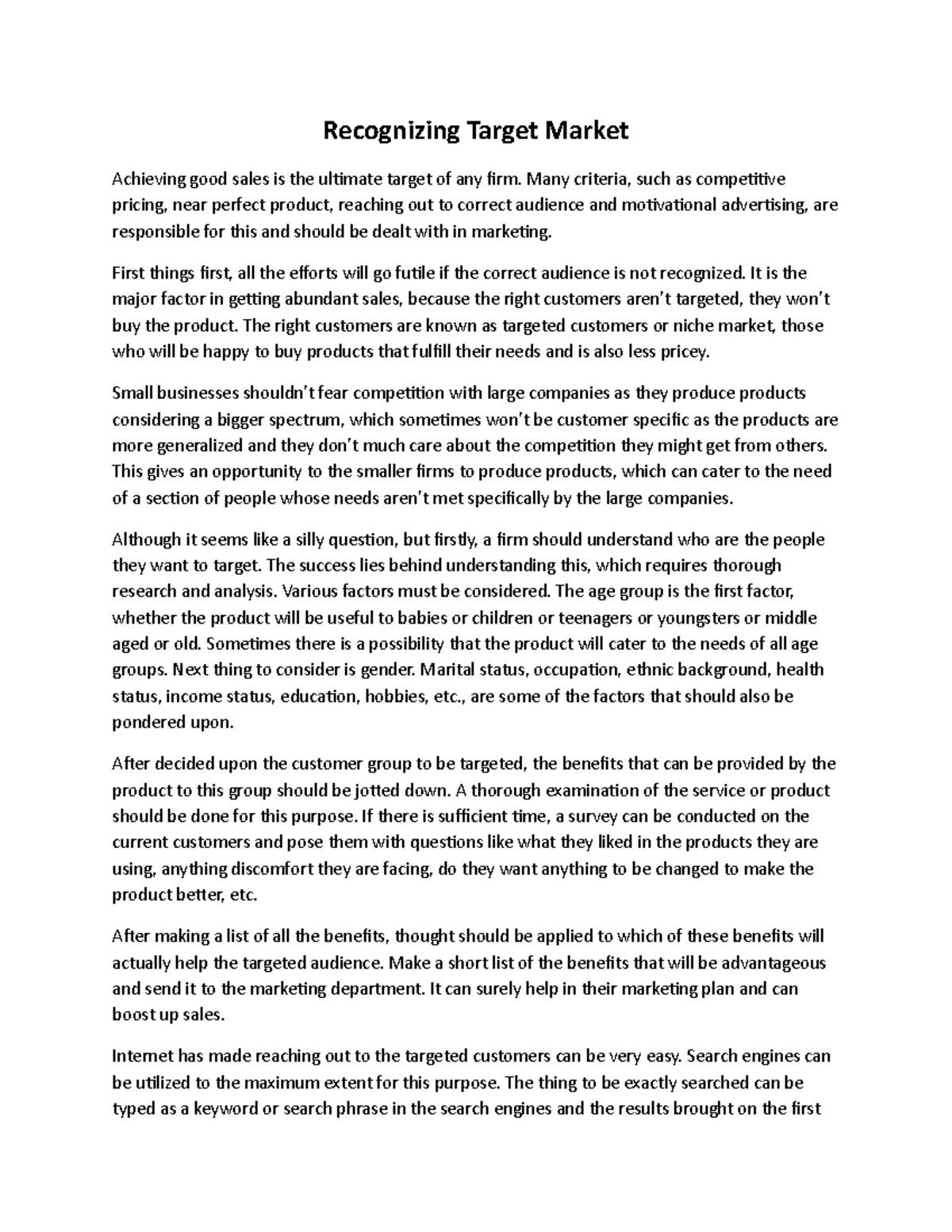 Recognising Target Market - Recognizing Target Market Achieving good ...