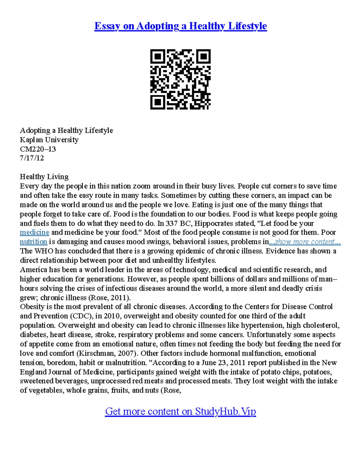 Living A Healthy Lifestyle Essay - Essay on Adopting a Healthy ...