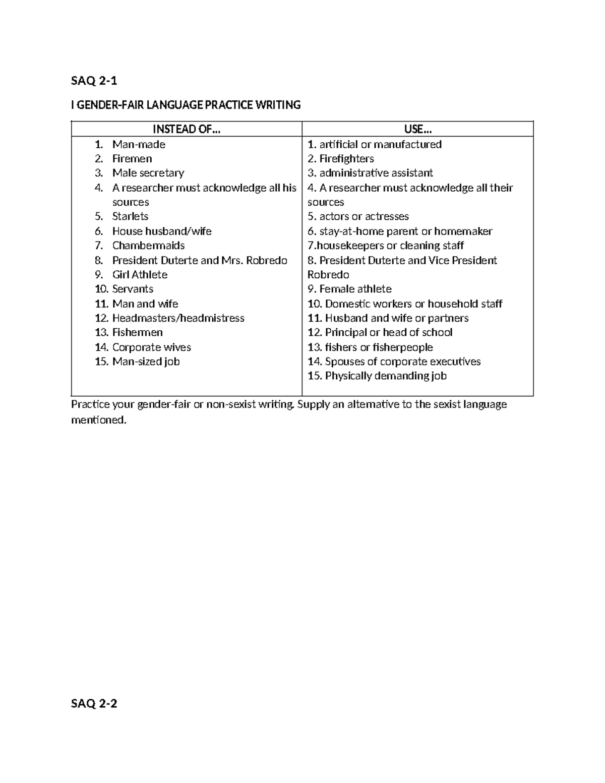 SAQ 2 - STUDY SMART - SAQ 2- I GENDER-FAIR LANGUAGE PRACTICE WRITING INSTEAD OF... USE... 1 ...