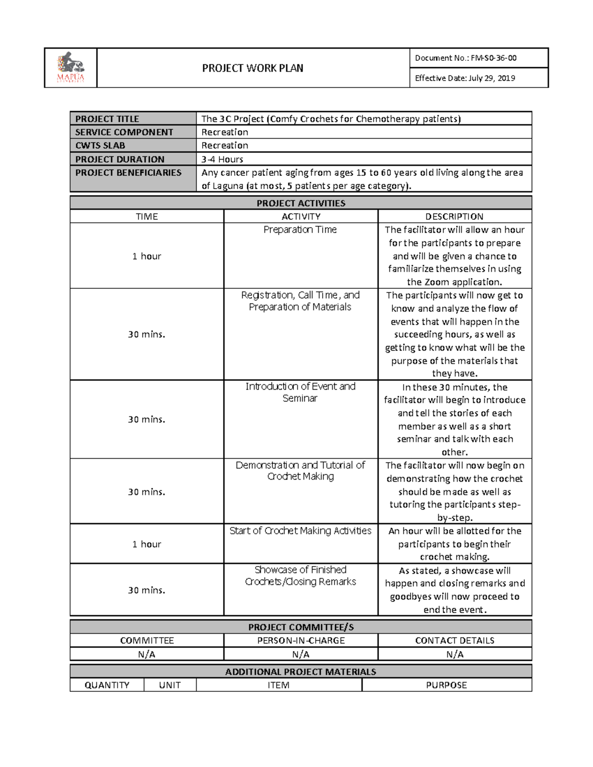 Salandanan DGR-CWTS102-B9-PWP - PROJECT WORK PLAN Document No.: FM-S0 ...