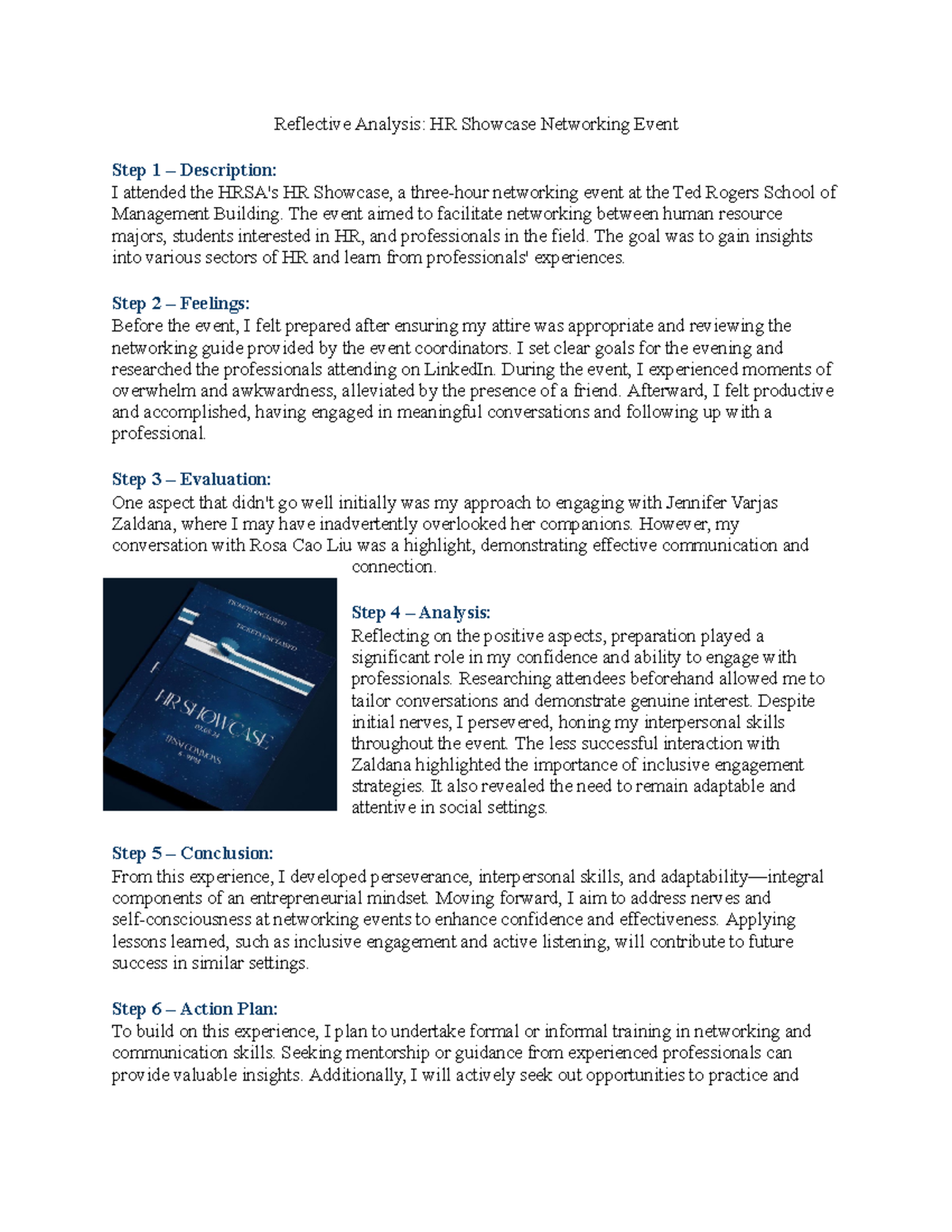 Assignment #6– Self-Reflection - Reflective Analysis: HR Showcase Networking Event Step 1 ...