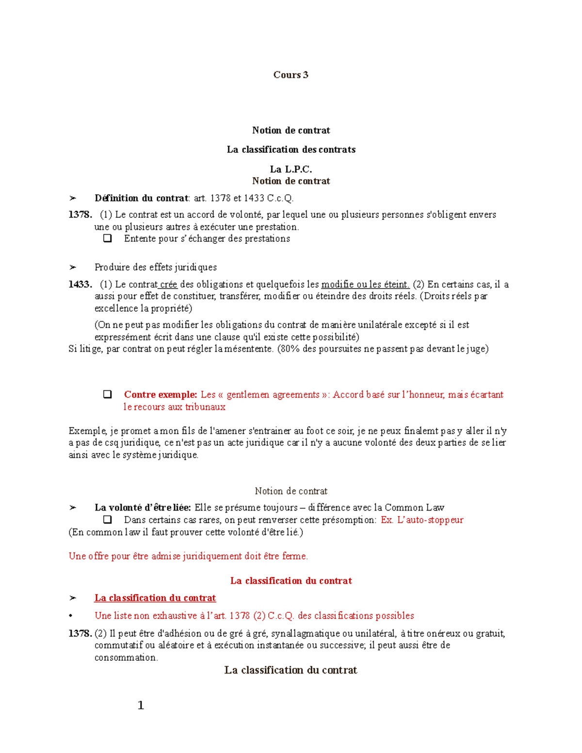 OBL TR 3 - LA LPC Notion et classification de contrat - Cours 3 Notion ...