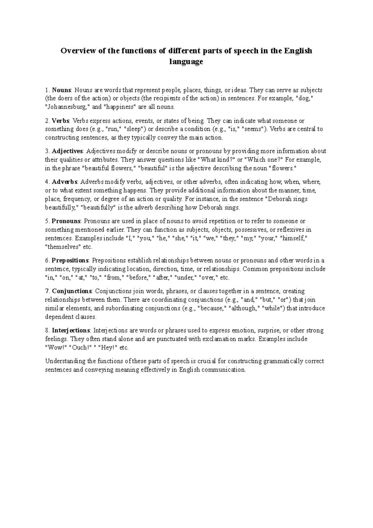 Basics. Parts of Speech. - Overview of the functions of different parts ...