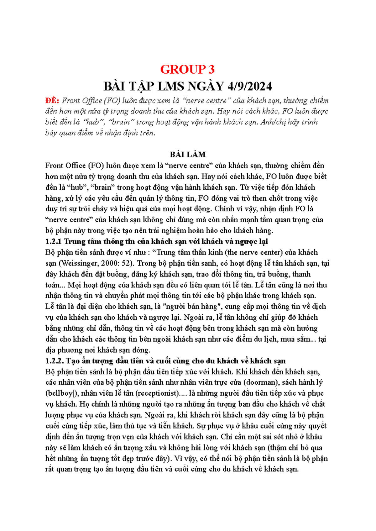 Bài làm LMS - btvn - GROUP 3 BÀI TẬP LMS NGÀY 4/9/ ĐỀ: Front Office (FO ...