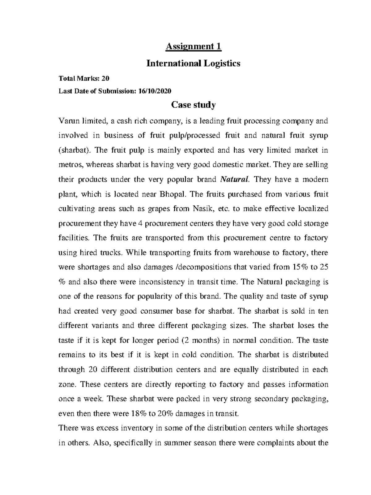 IL Assignment 1 - Assignment 1 International Logistics Total Marks: 20 Last Date of Submission ...