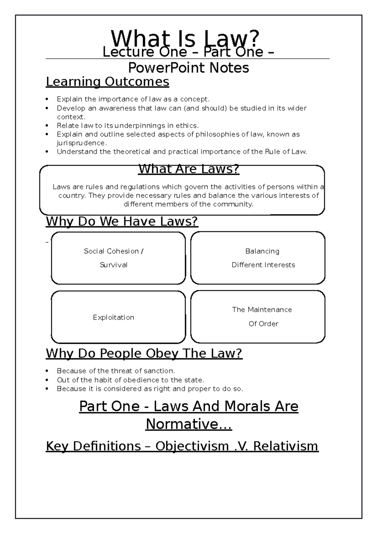 Lecture One Part One - What is Law? LEFO - Learning Outcomes Explain ...