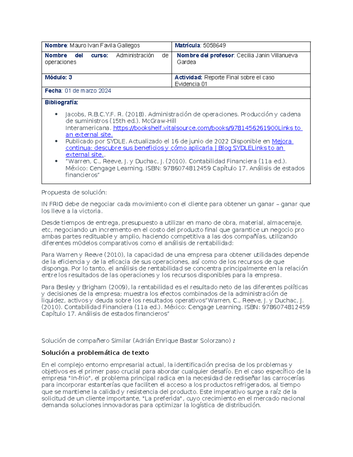 Evidencia 01 - Administración de operaciones Reporte Final - Nombre ...