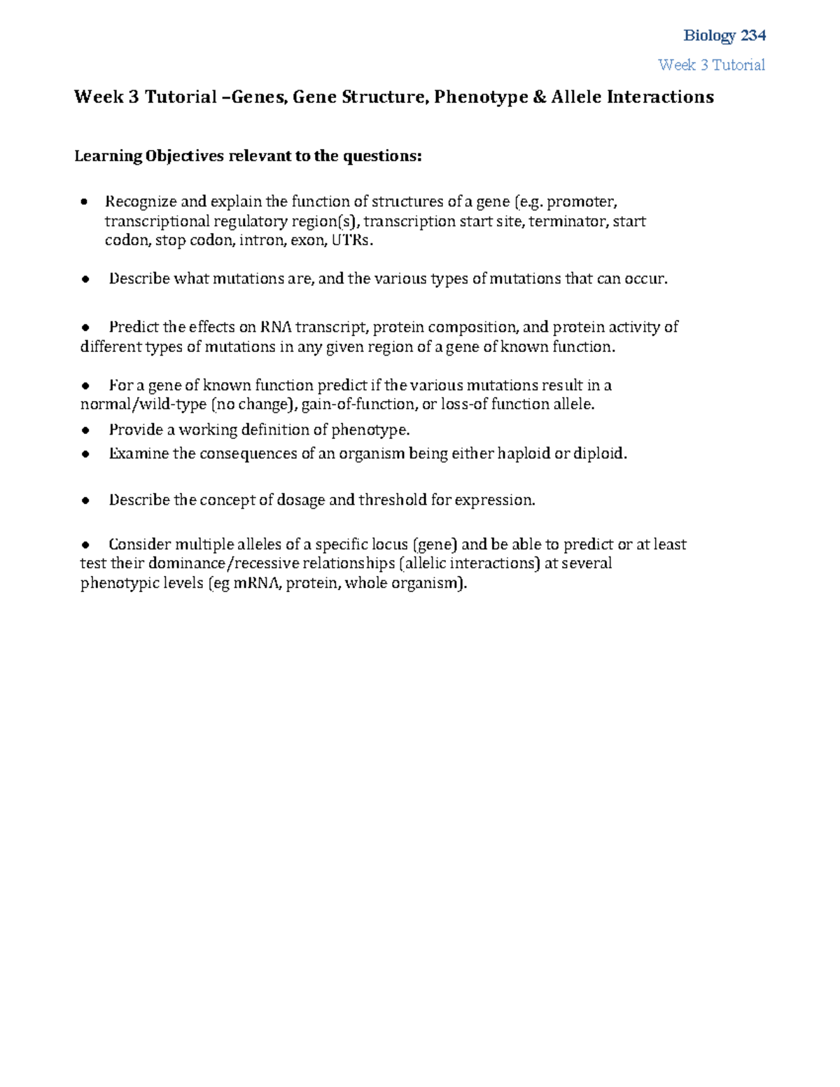 234 2023W1 Week 3 tutorial problem set 2023 - Week 3 Tutorial Week 3 Tutorial –Genes, Gene - Studocu