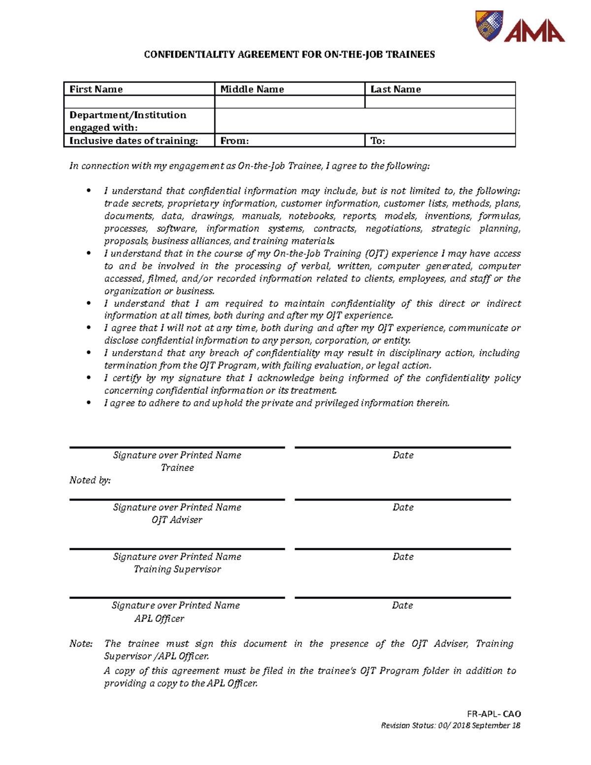 Confidentiality Agreement FOR OJT Official - CONFIDENTIALITY AGREEMENT ...