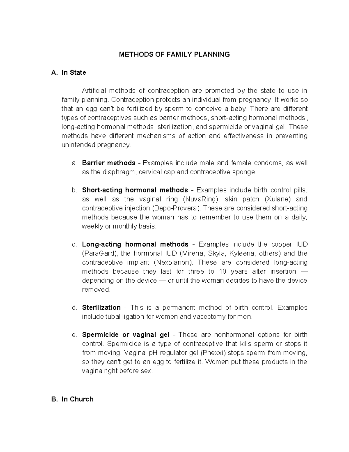 EU2 Methods of Family Planning - METHODS OF FAMILY PLANNING A. In State ...