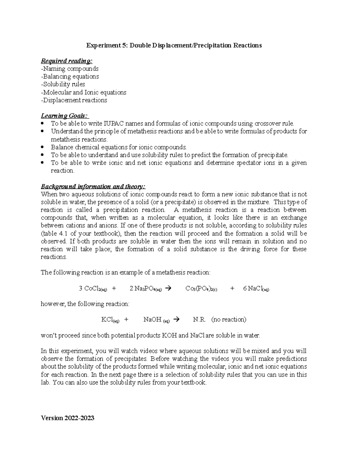 Experiment 5- Double Displacement Precipitation Reactions 2022-2023 ...