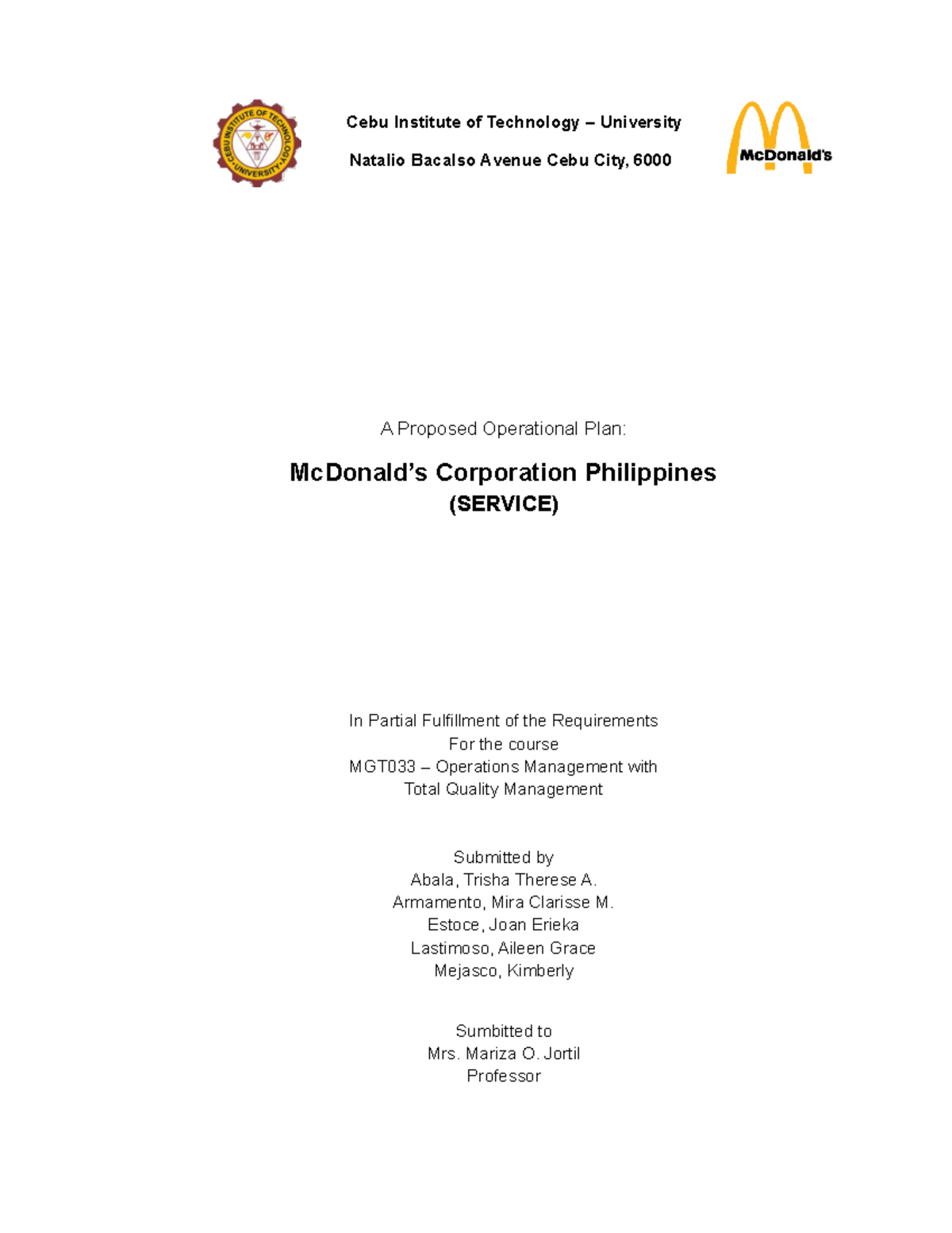 Group 5 OPlan Final - Operational Management with TQM - Cebu Institute ...