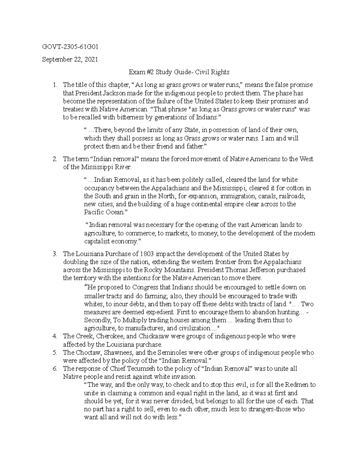 Chapter 7 Study Guide - Civil Rights - GOVT-2305-61G September 22, 2021 ...