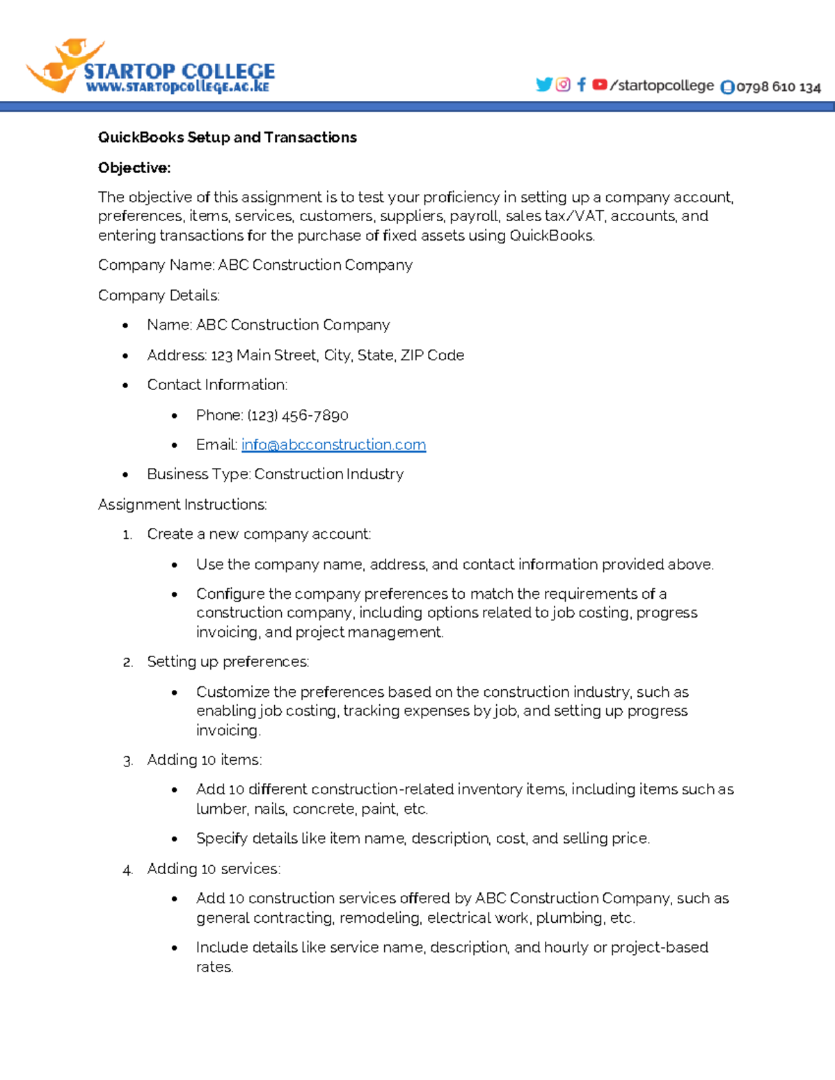 Quickbooks Assignment 2 - QuickBooks Setup and Transactions Objective ...