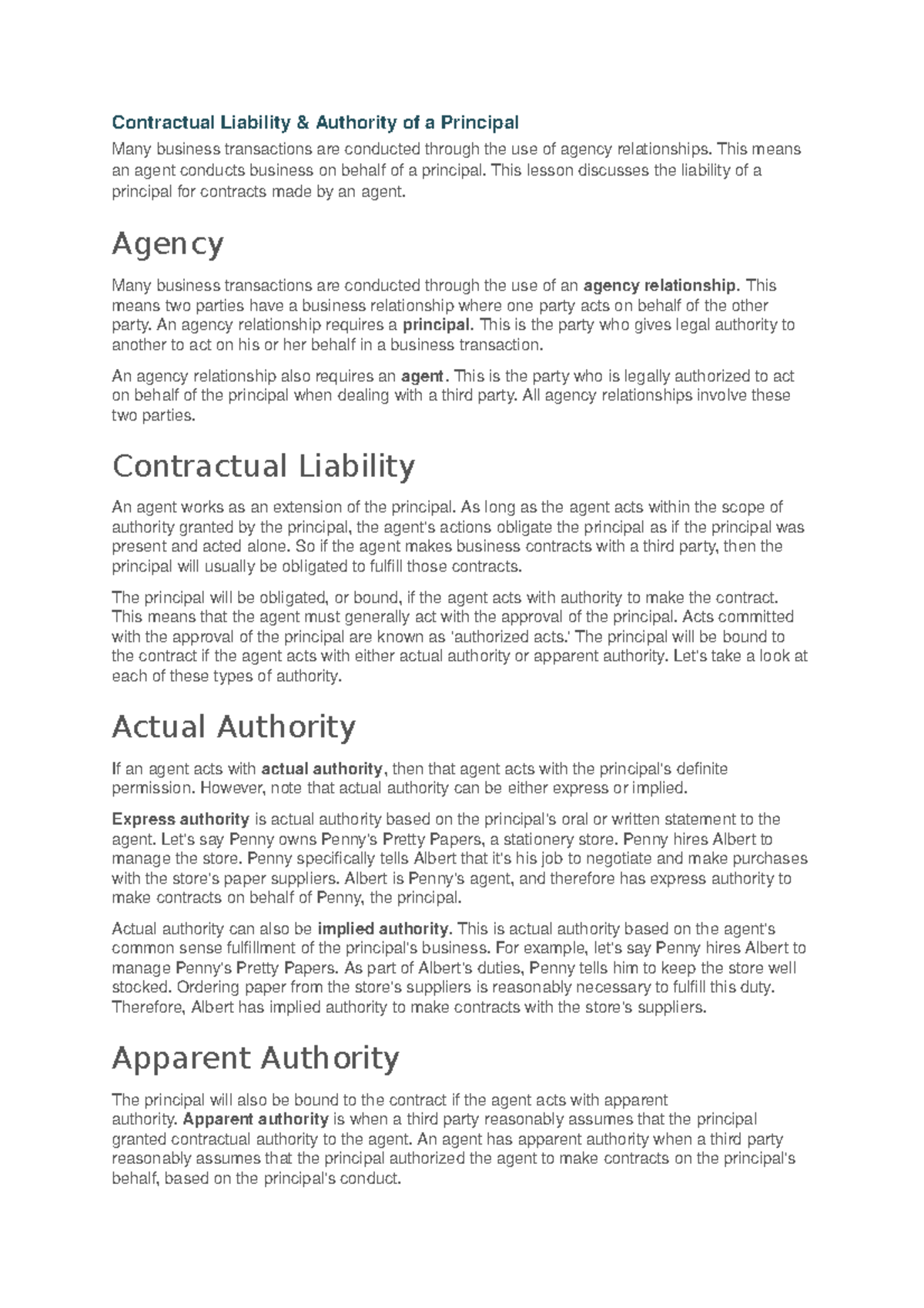 Contractual Liability - This means an agent conducts business on behalf ...
