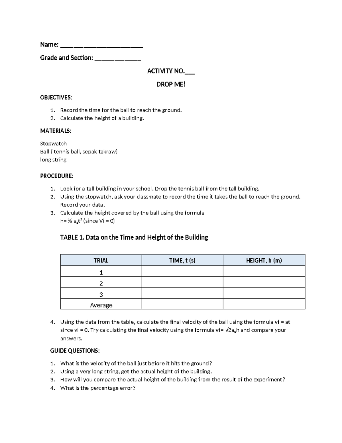 Activity Sheet on Projectile Motion - Name ...