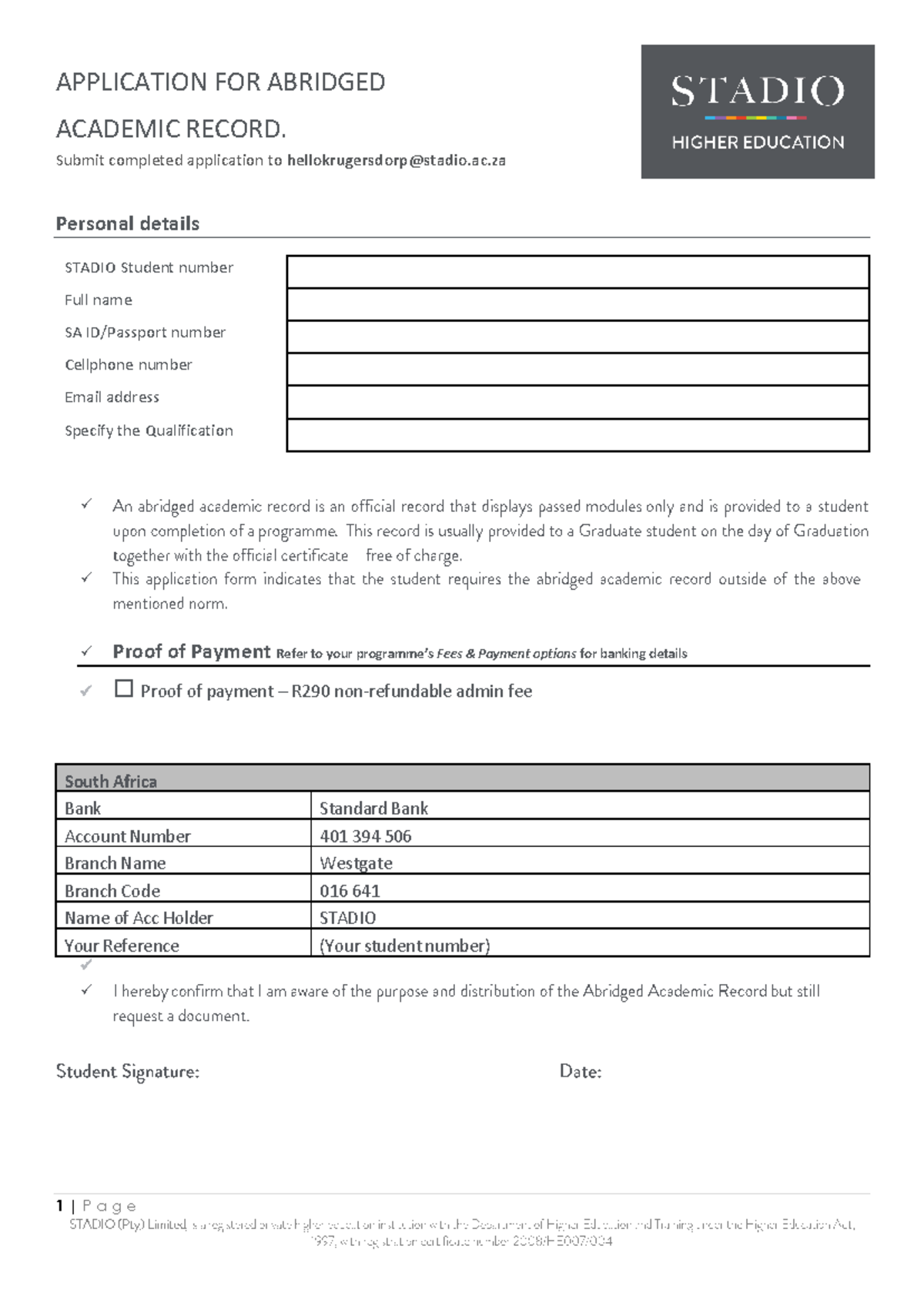 Request for abridged academic record-1 - 1 | P a g e APPLICATION FOR ...