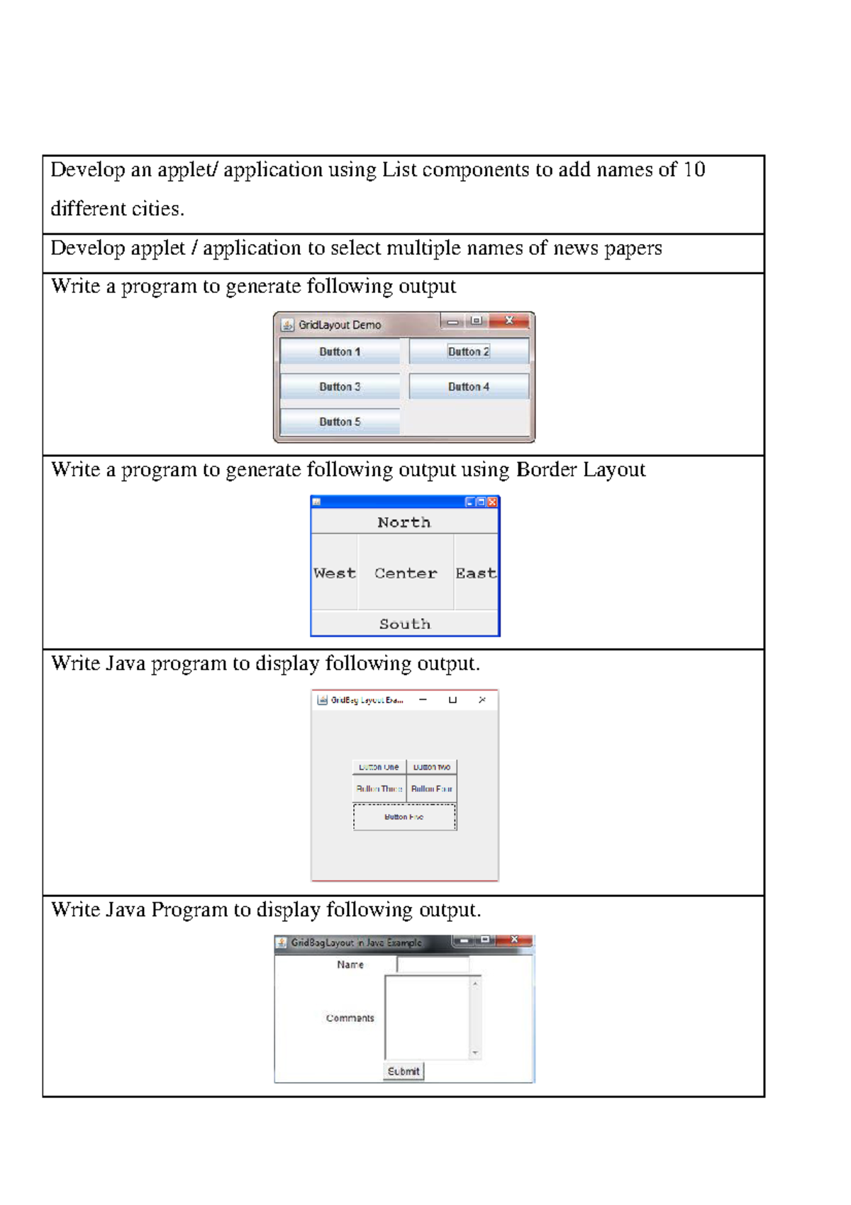 Question - Develop an applet/ application using List components to add names of 10 different ...