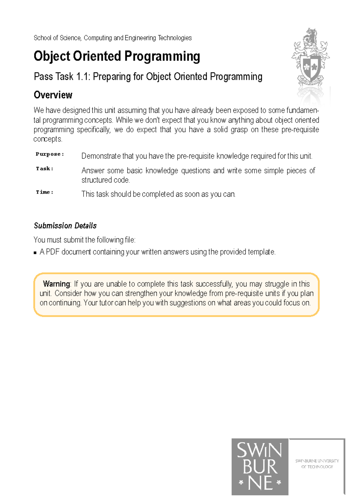 1.1P - Preparing for Object Oriented Programming - School of Science ...