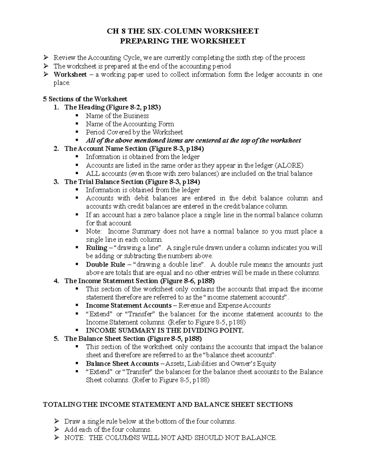 CH 8 Notes - CH 8 THE SIX-COLUMN WORKSHEET PREPARING THE WORKSHEET ...