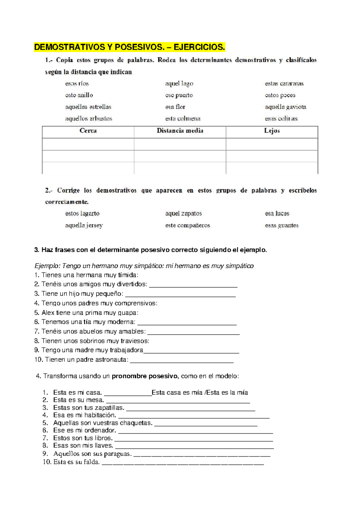 Ejercicio Demostrativos Y Posesivos - DEMOSTRATIVOS Y POSESIVOS ...