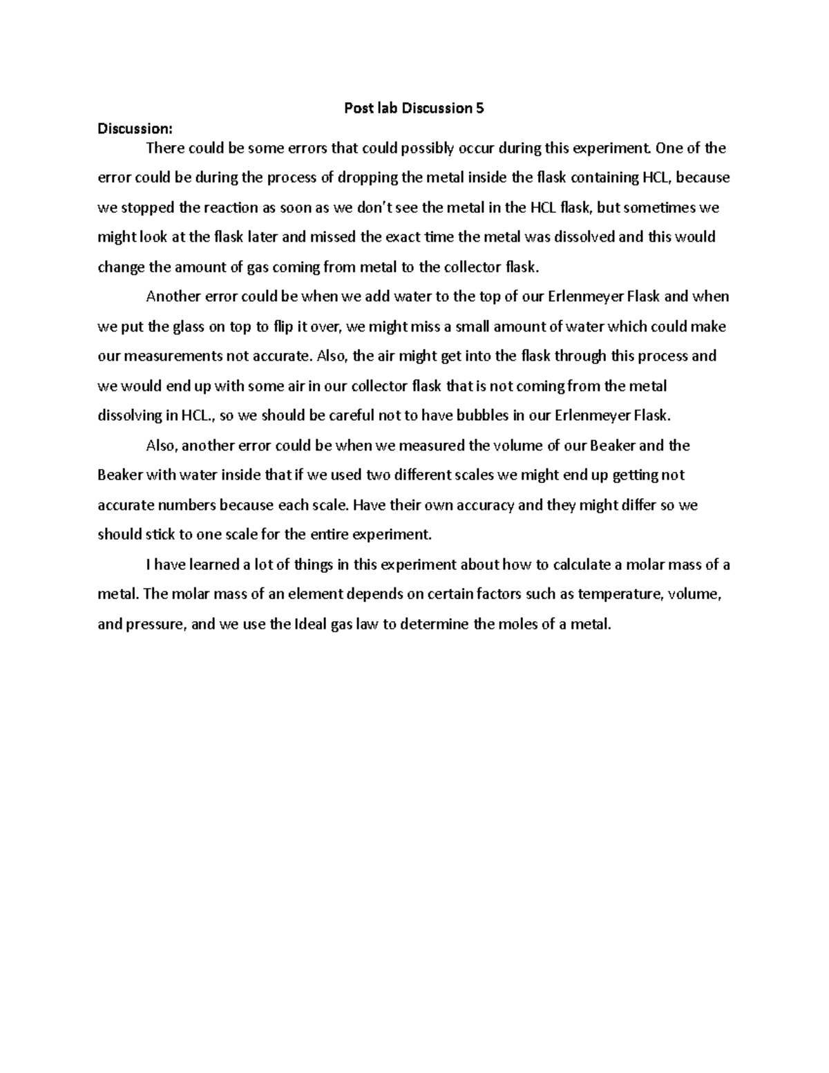 Molar mass calculation of metals discussion - Post lab Discussion 5 ...