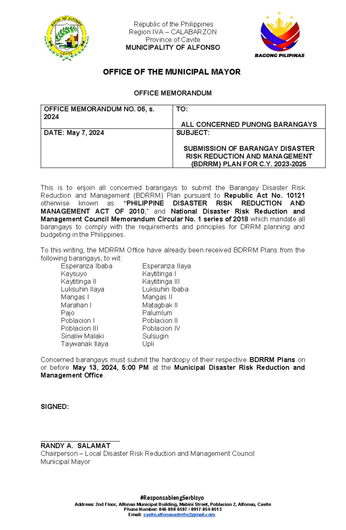 MEMO - Bdrrm Plan - Republic of the Philippines Region IVA – CALABARZON ...