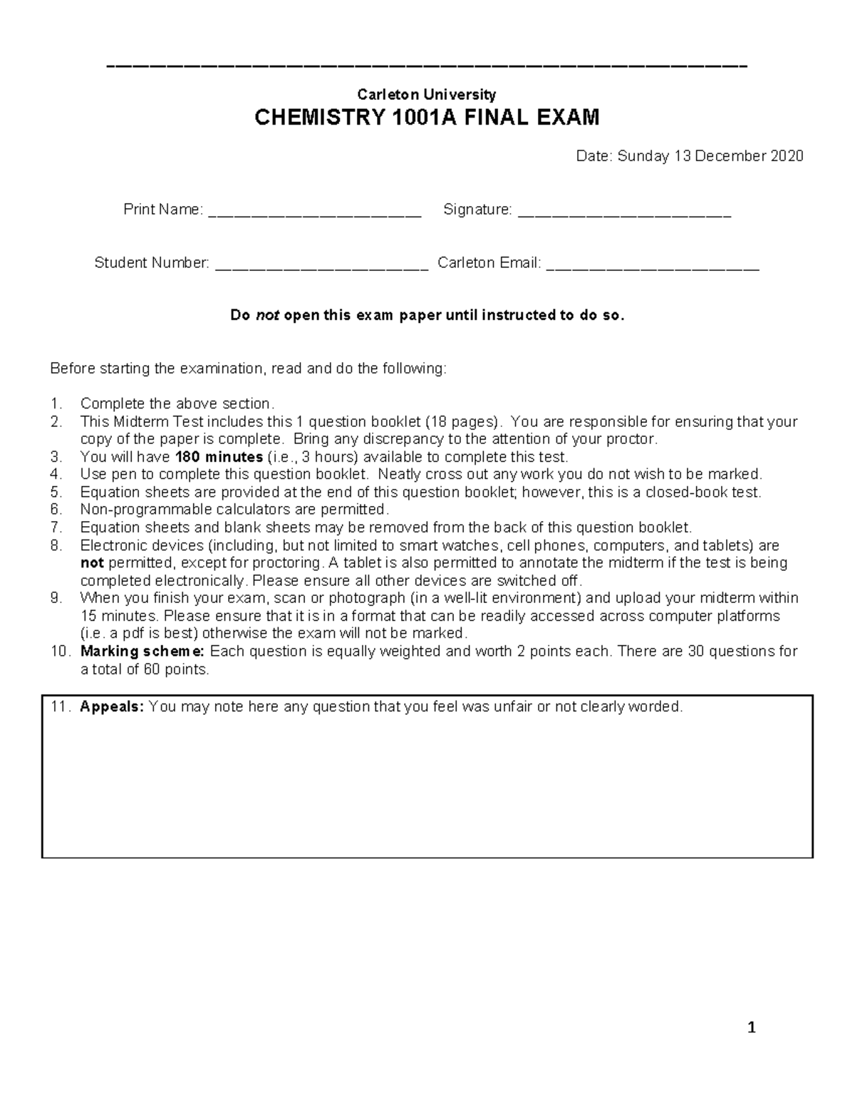 Final Exam - Carleton University CHEMISTRY 1001A FINAL EXAM Date ...