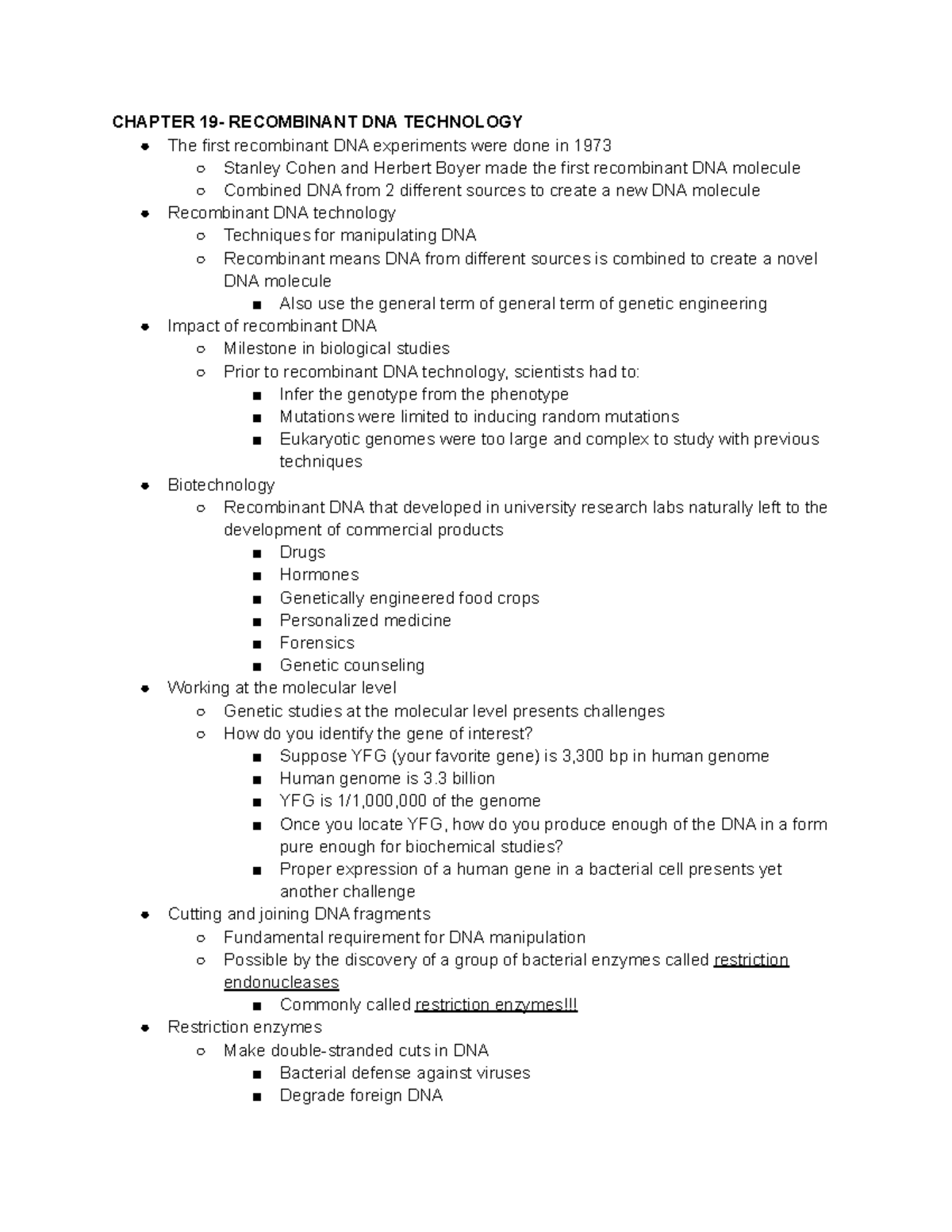 Genetics Chapter 19 Notes - CHAPTER 19- RECOMBINANT DNA TECHNOLOGY The ...