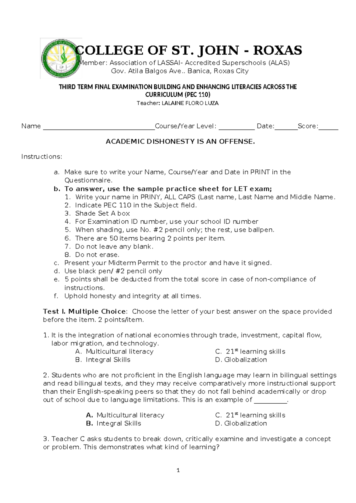 Midterm- Questioomaire - COLLEGE OF ST. JOHN - ROXAS Member ...