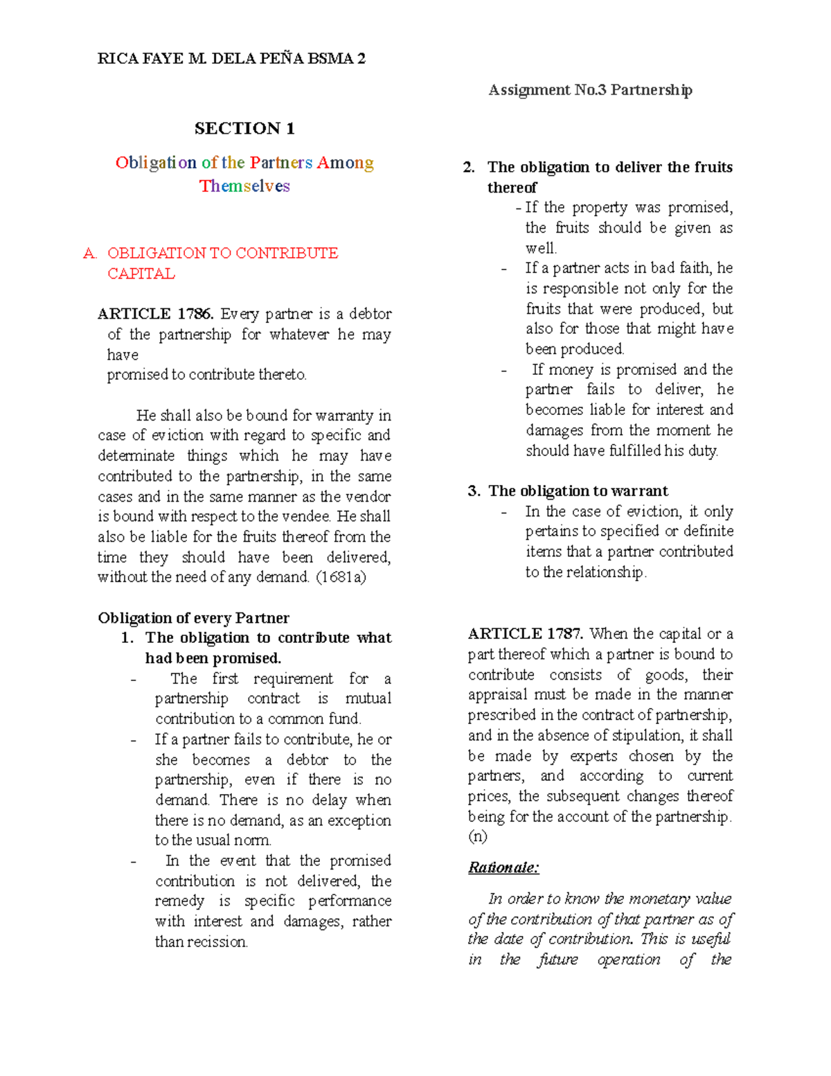 Section 1-partnership - Assignment No Partnership SECTION 1 Obligation ...