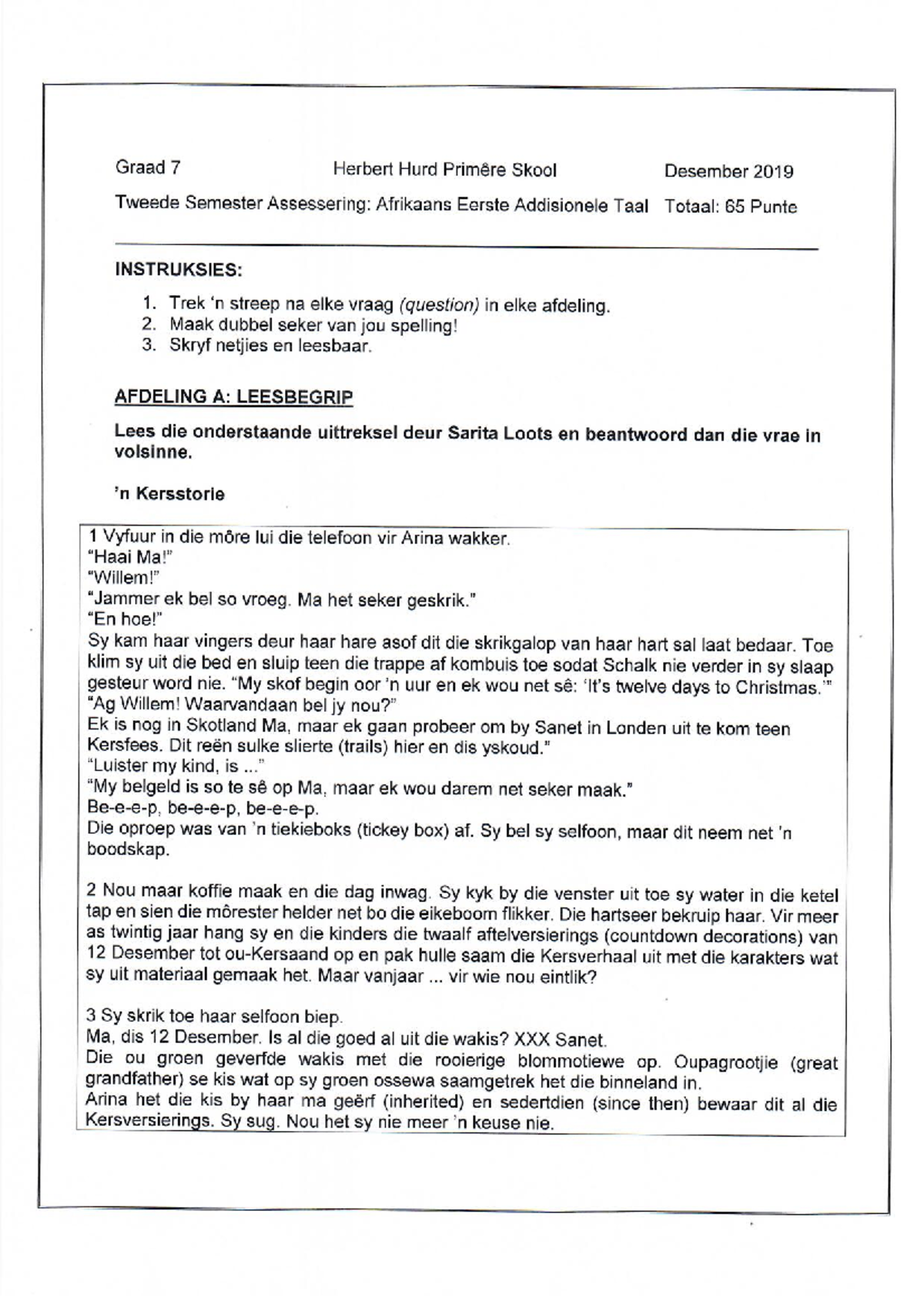 Gr 7 afrikaans nov 2019 - it is an exam. - Graad 7 Herbert Hurd Primêre ...
