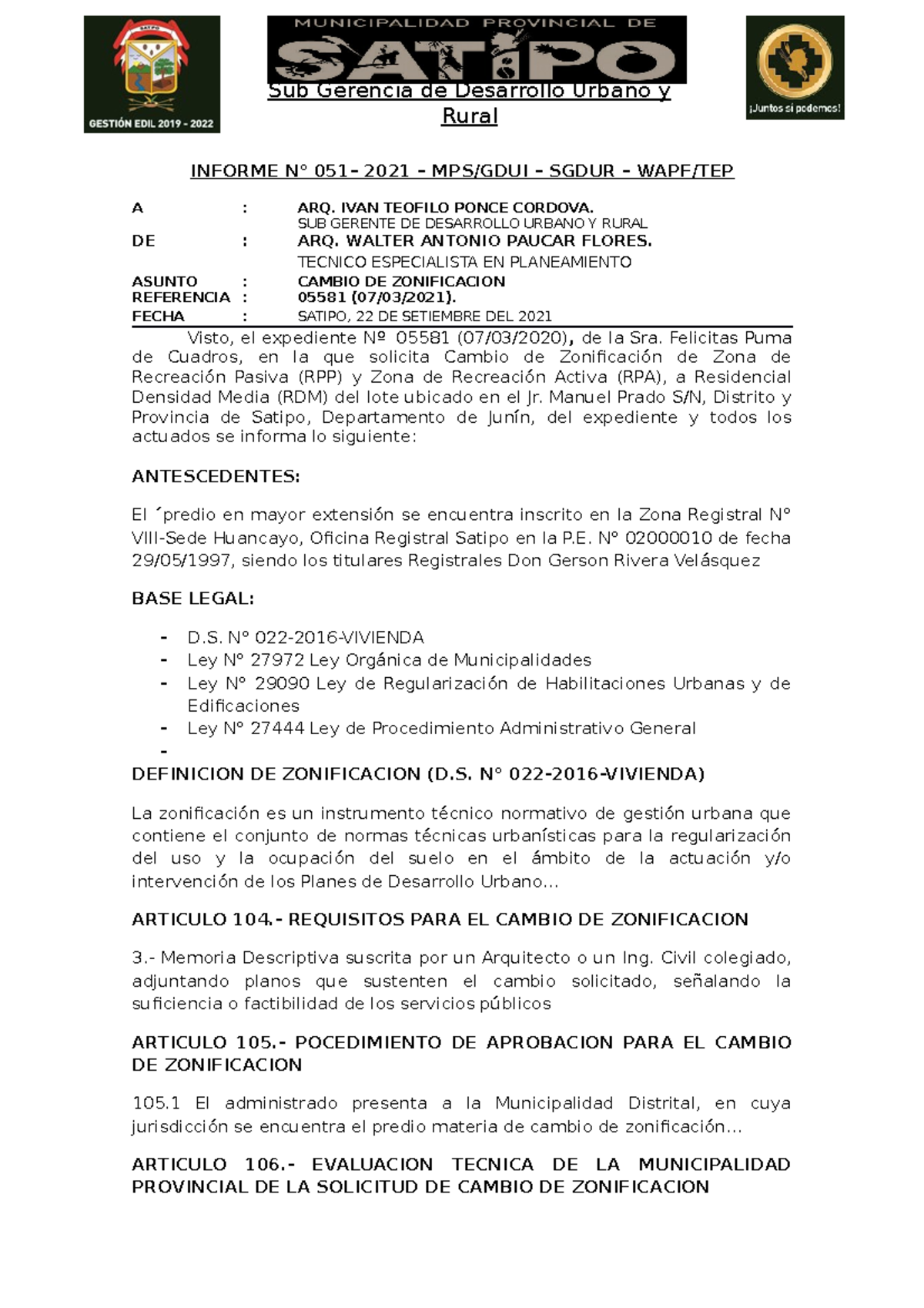 Informe 0240 RDM- Sanchez Garzo - INFORME N° 051– 2021 – MPS/GDUI ...