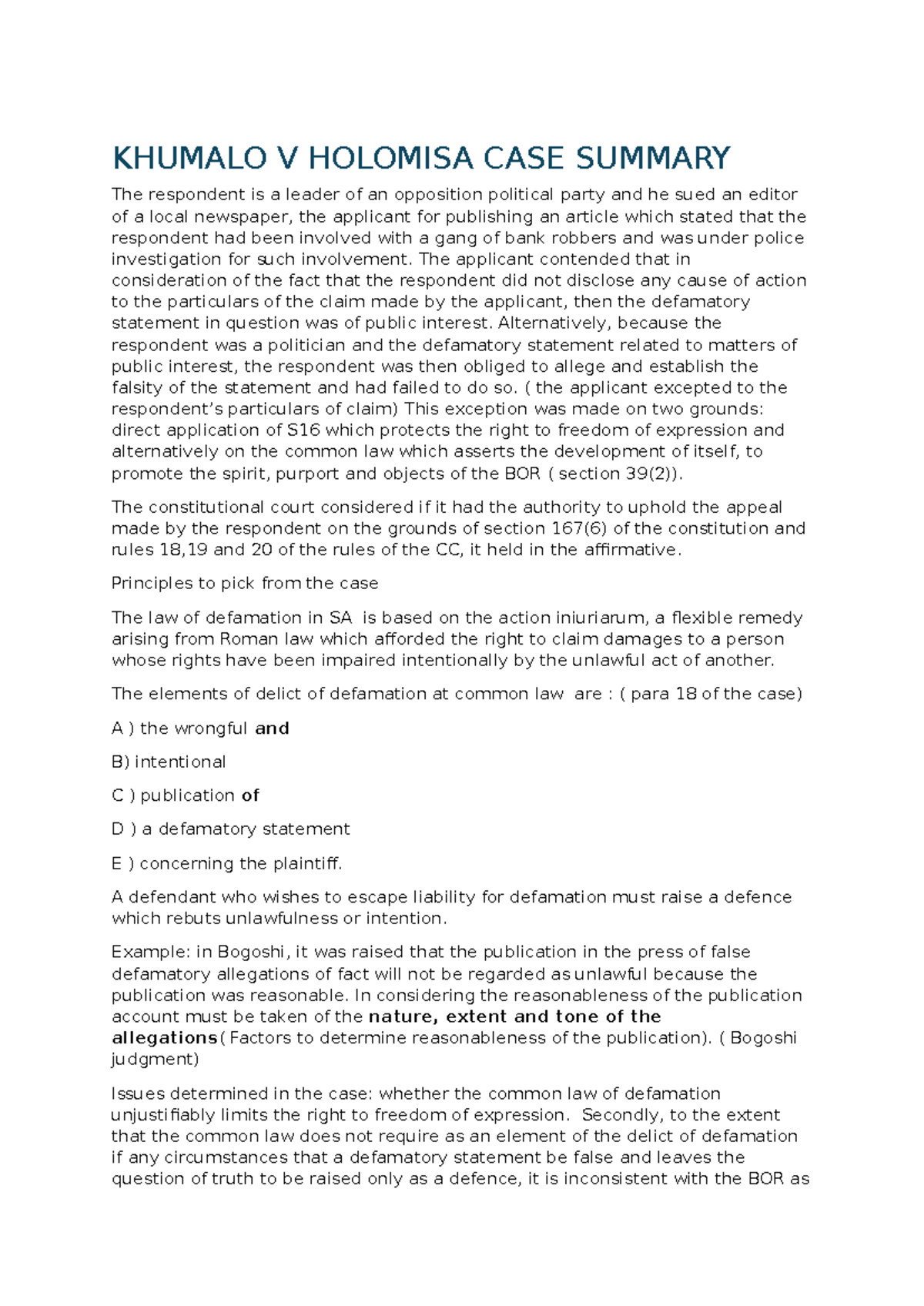 Khumalo V Holomisa CASE Summary - KHUMALO V HOLOMISA CASE SUMMARY The ...