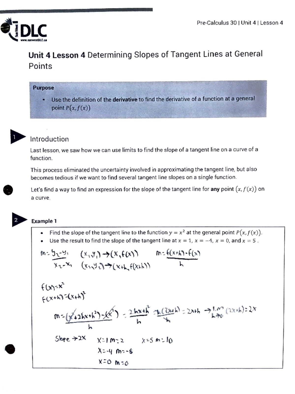 Calculus 30 determining slopes of tangent lines - Studocu