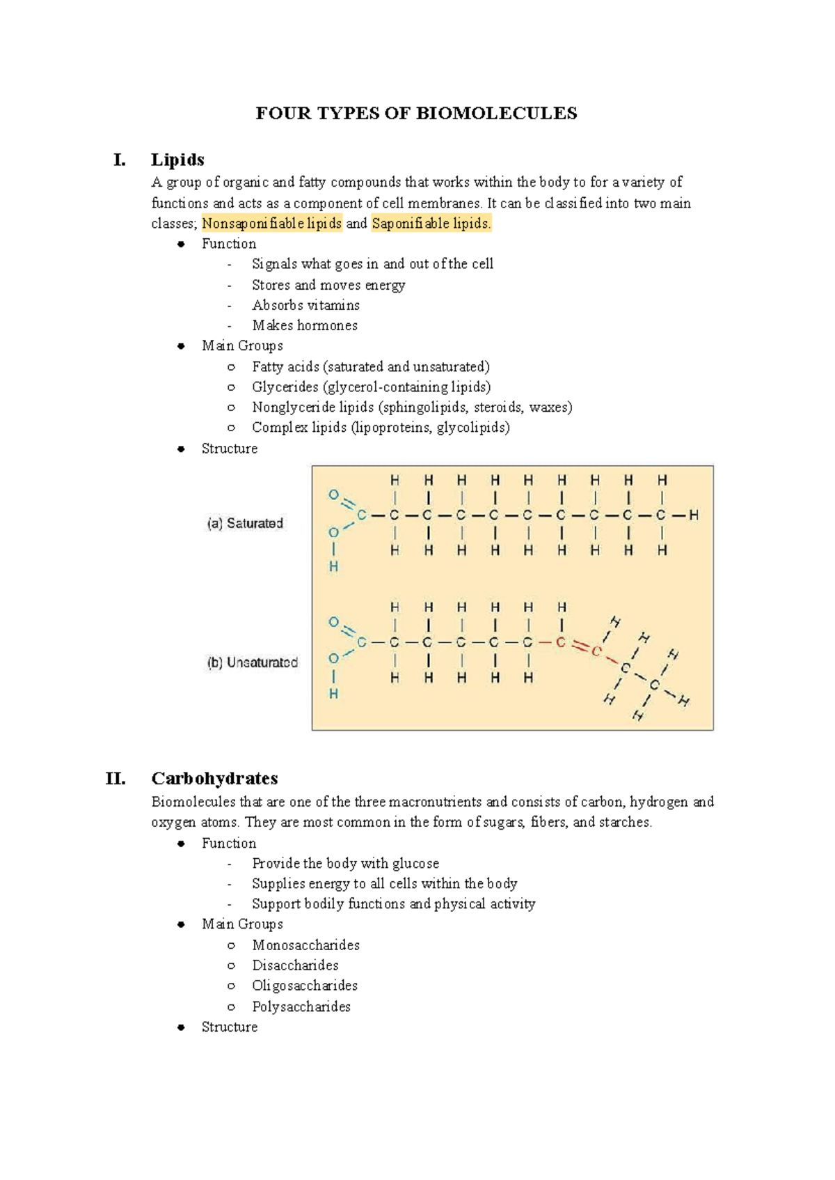 FOUR Biomolecules - FOUR TYPES OF BIOMOLECULES I. Lipids A group of ...